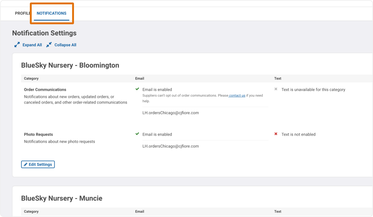 Manage company-level email and text message notifications
